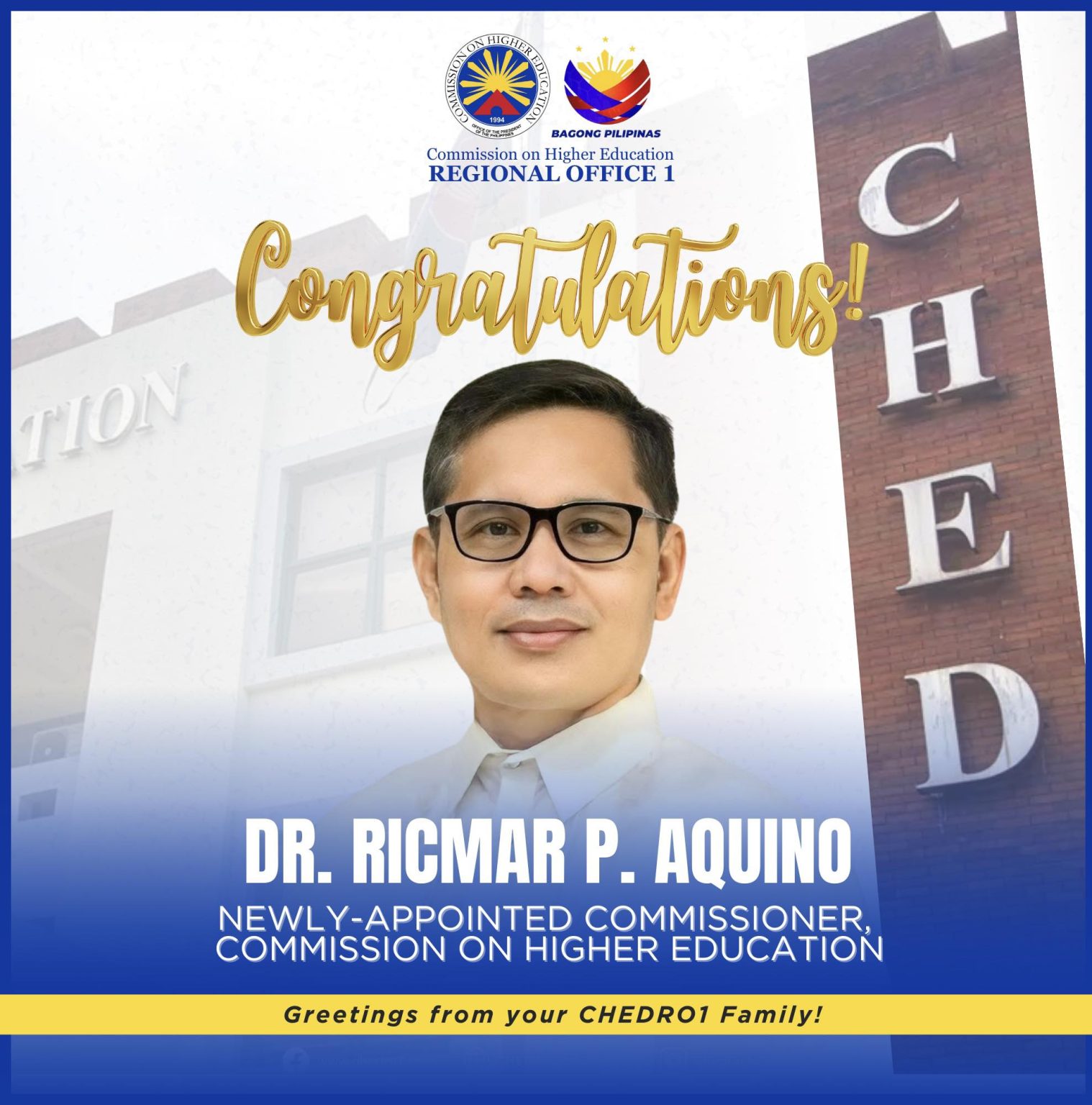 Congratulations, Commissioner Ricmar P. Aquino! - CHED Region 1